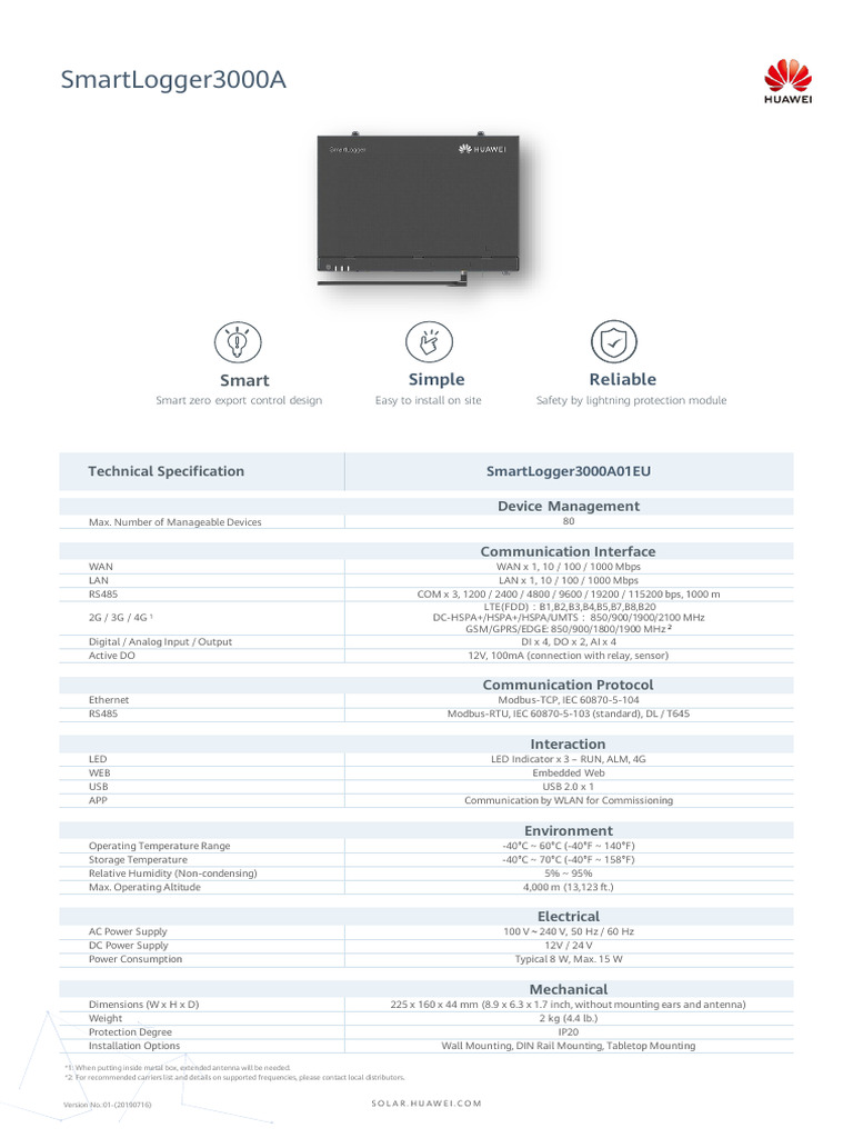 SmartLogger3000A Datasheet | PDF | Power Supply | Lte (Telecommunication)