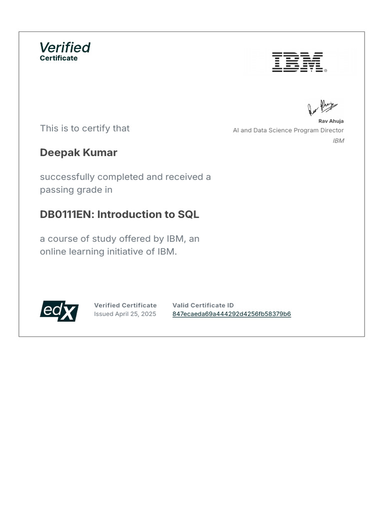 IBM DB0111EN Certificate - EdX | PDF