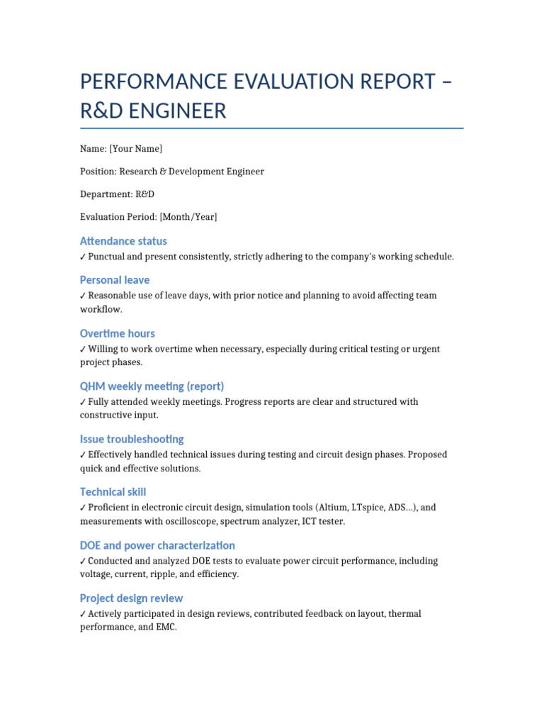 R&D Engineer Performance Evaluation | PDF | Circuit Design | Evaluation