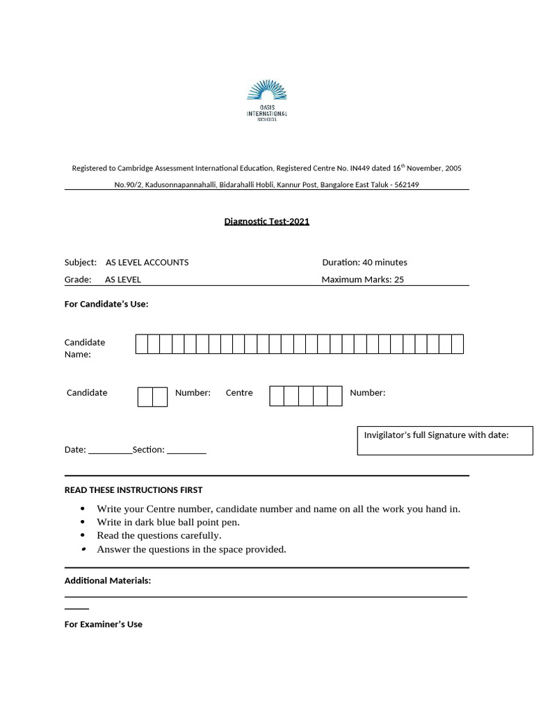 Diagnostic Test As Level Accounts | PDF | Debits And Credits | Economies
