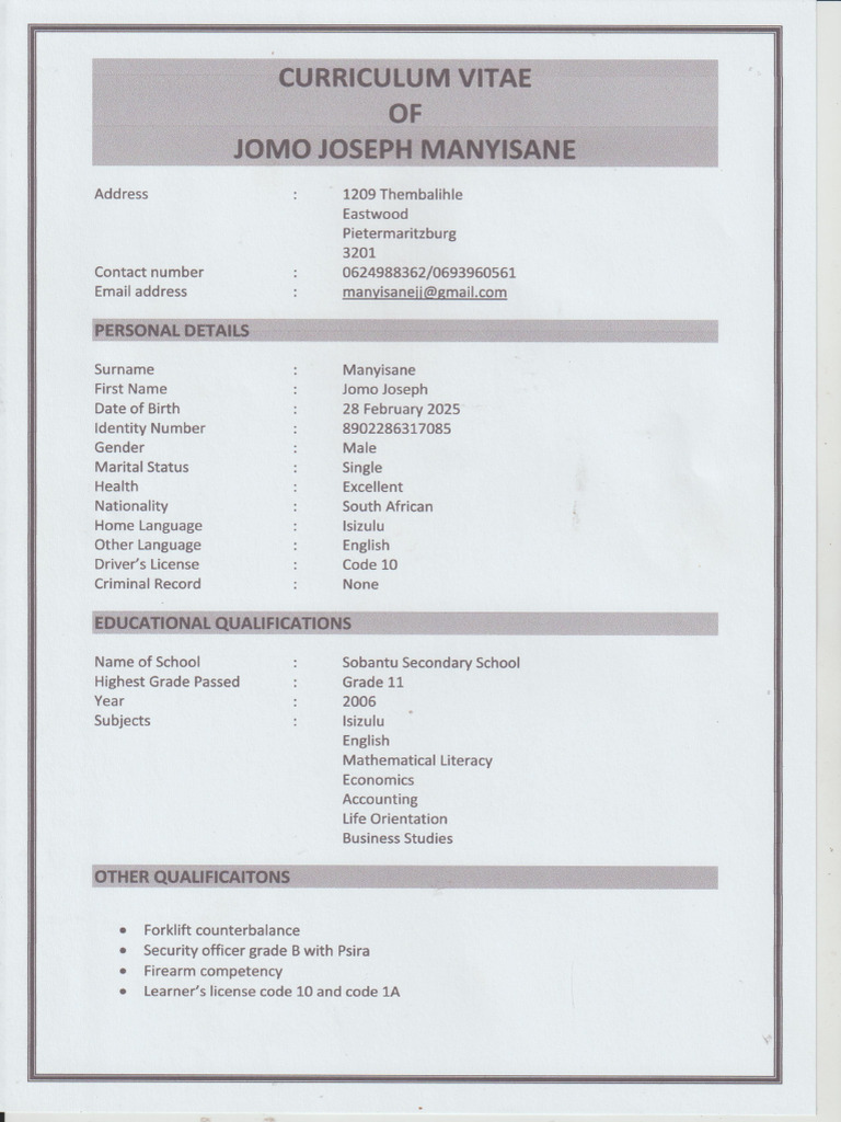 Manyisane Joseph CV | PDF