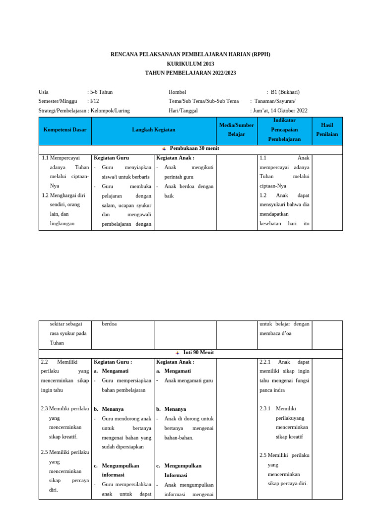 RPPH Pembelajaran Tematik Usia 5-6 Tahun | PDF