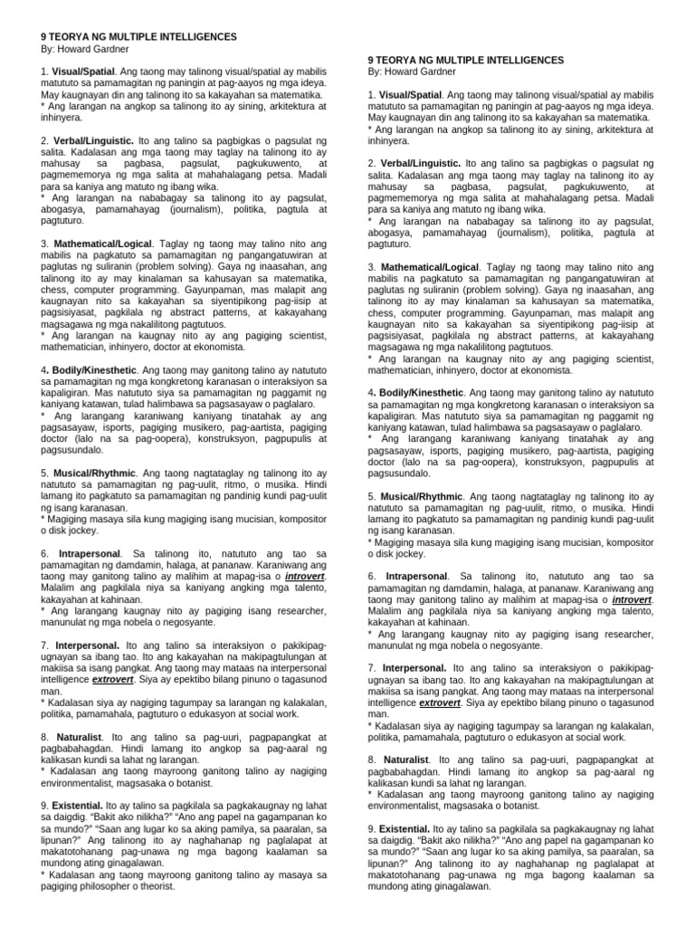 9 Teorya NG Multiple Intelligences | PDF