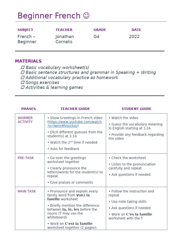 Beginner French Lesson Plan - 1st | PDF | Vocabulary | Linguistics
