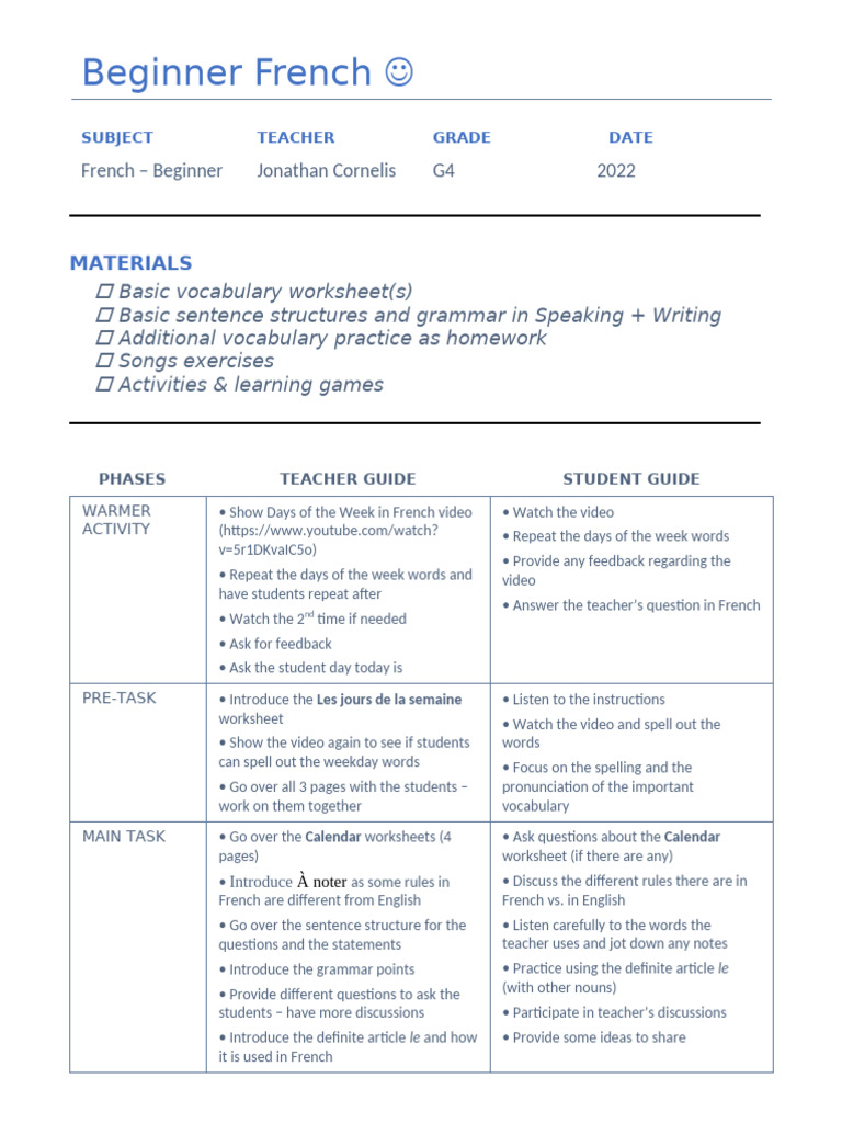 Beginner French Lesson Plan - 3rd | PDF | French Language | English Language