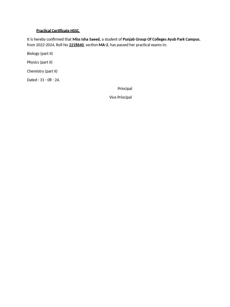 Practical Certificate HSSC Miss Isha Saeed, Punjab Group of Colleges ...
