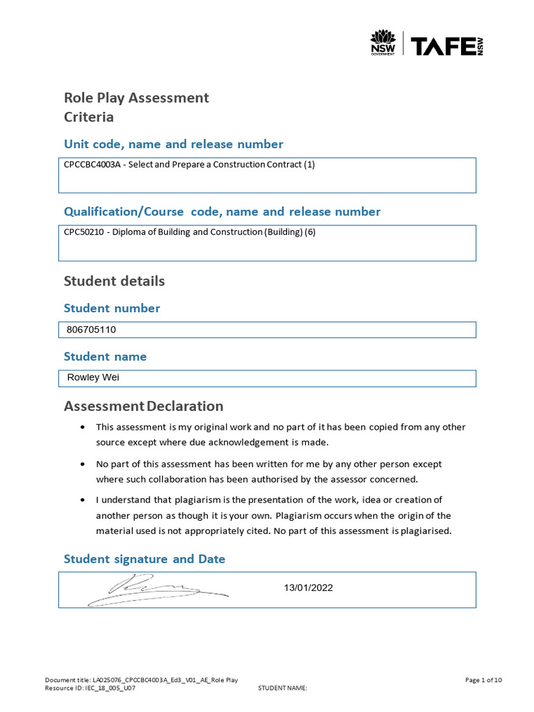LA025076 - CPCCBC4003A - AE - SK - Role Play | PDF | Communication | Plagiarism