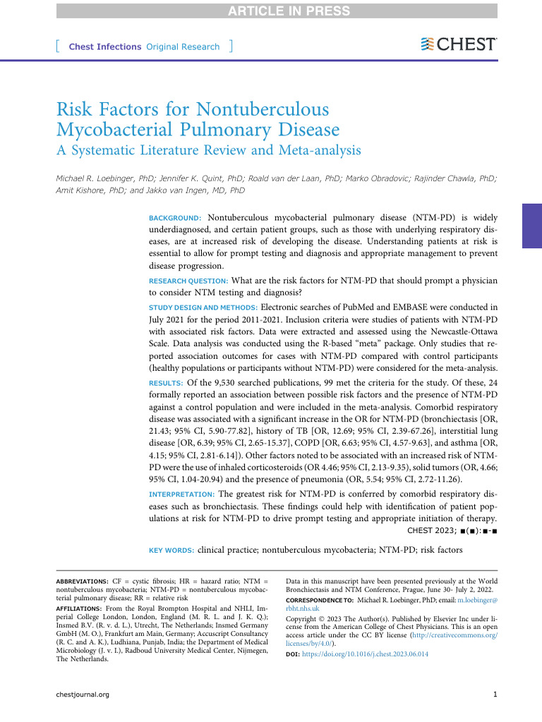 Risk Factors For Nontuberculous Mycobacterial Pulmonary Disease A Systematic Literature Review ...