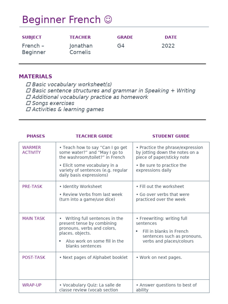 Beginner French Lesson Plan - 6th | PDF
