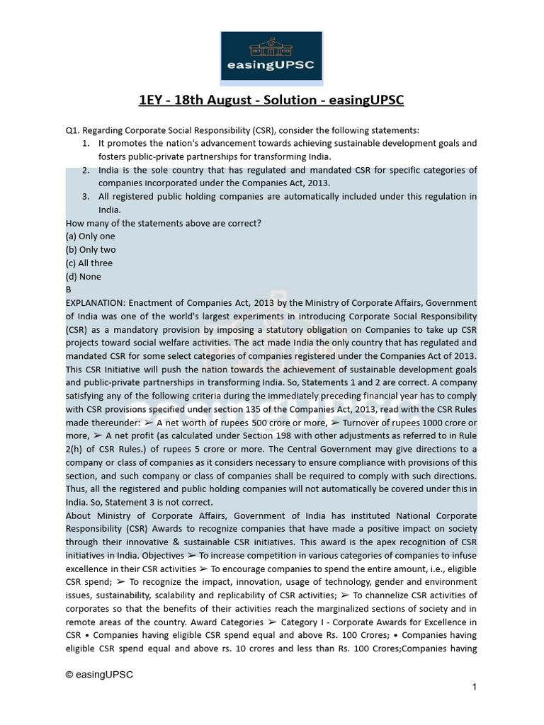 1EY - 18th August - Solution - EasingUPSC | PDF | Gini Coefficient ...