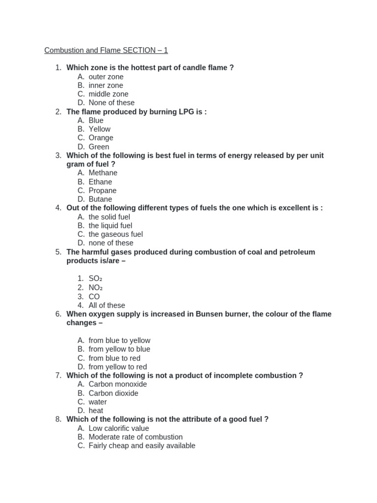 Combustion and Fuel Characteristics Quiz | PDF