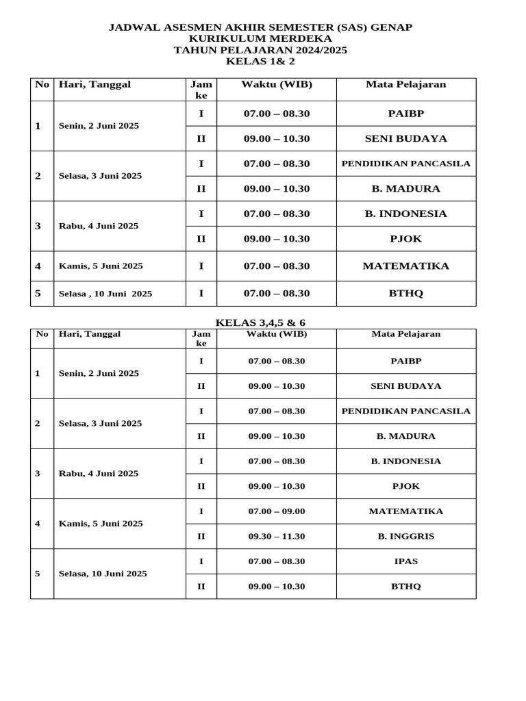 Jadwal Asesmen Akhir Semester Genap 2024-2025 | PDF