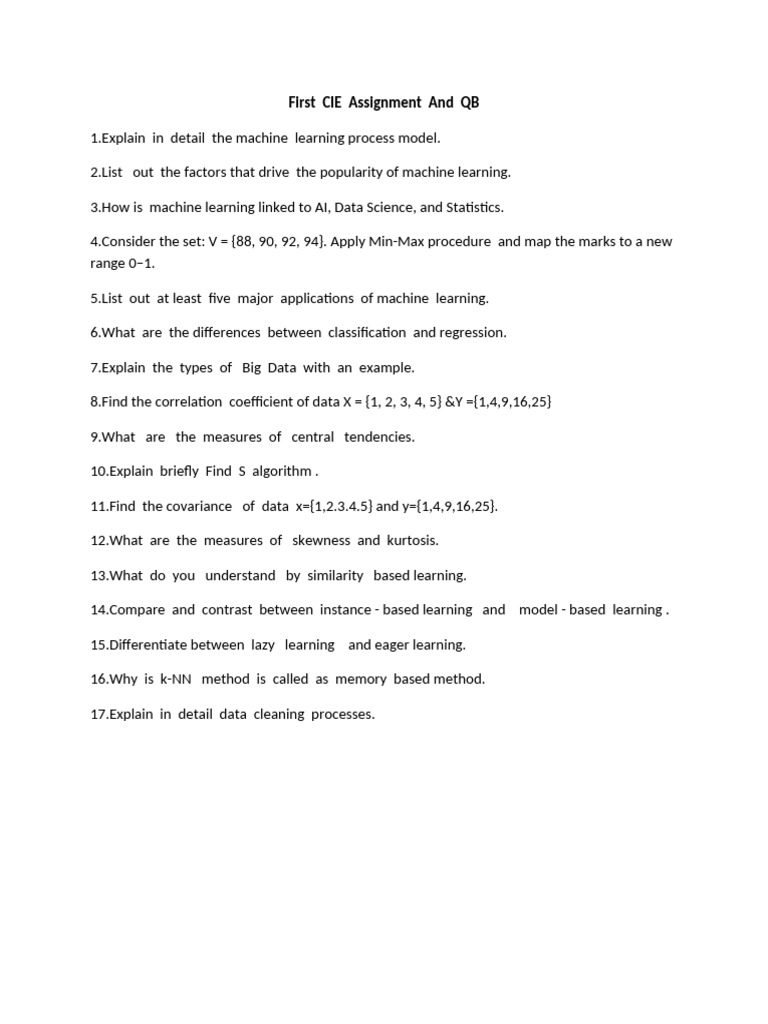 ML First CIE Assignment and QB | PDF