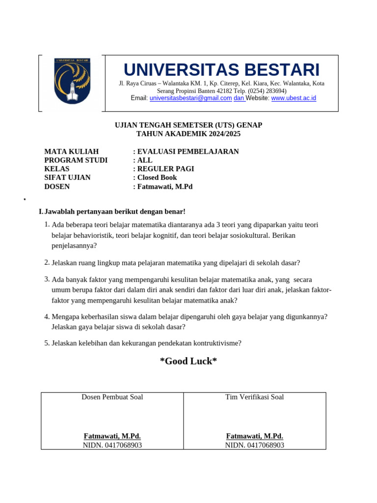 Soal UTS Pegagogis Dasar MTK Reg Pagi | PDF