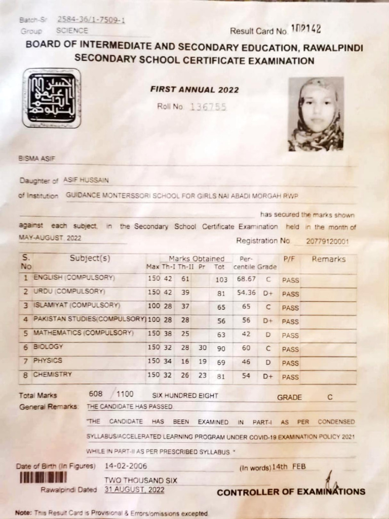 Bismah 10 Mark Sheet | PDF