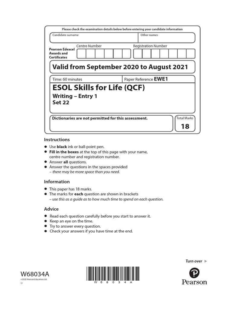 ESOL Level 1 Writing Exam Practice | PDF