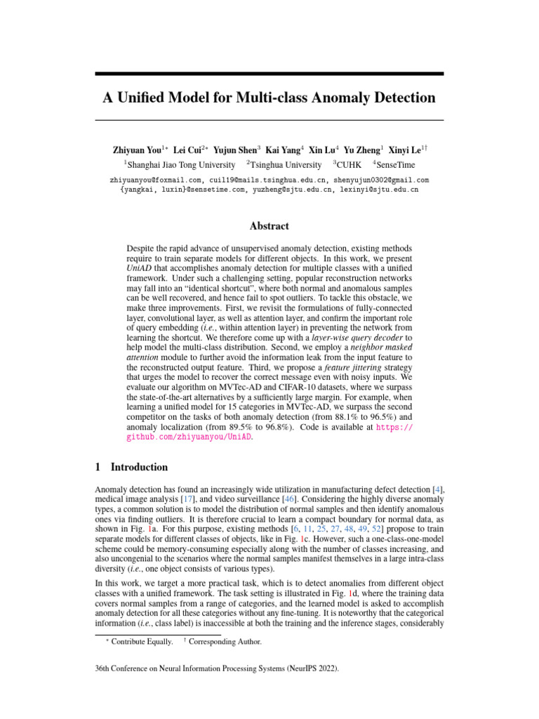 NeurIPS 2022 A Unified Model For Multi Class Anomaly Detection Paper Conference | PDF ...
