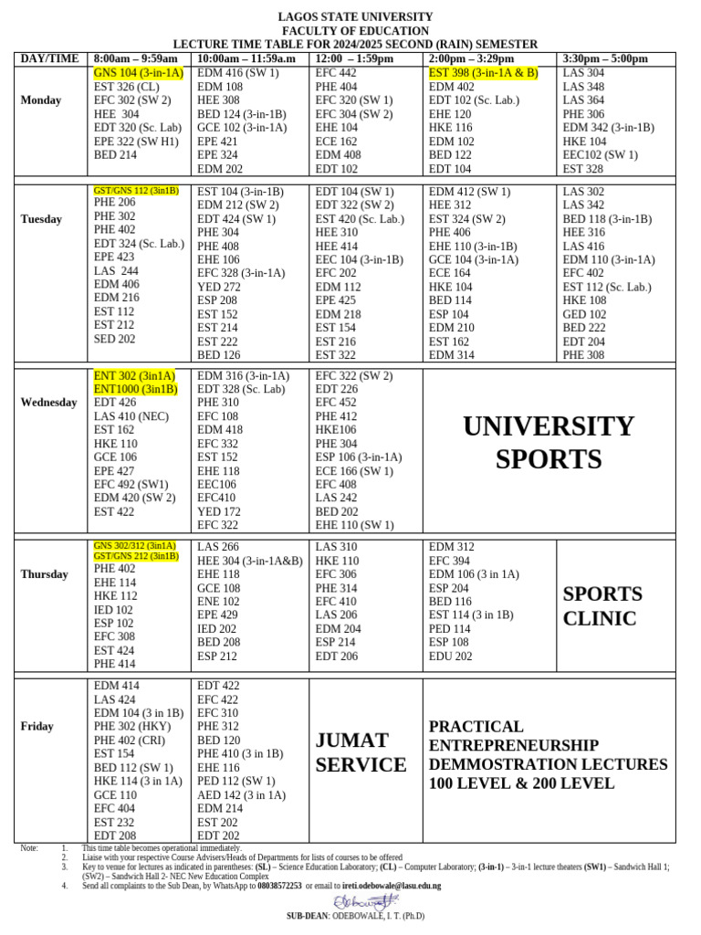 Education 2024 2025 Second Semester Lecture Time Table-1 | PDF
