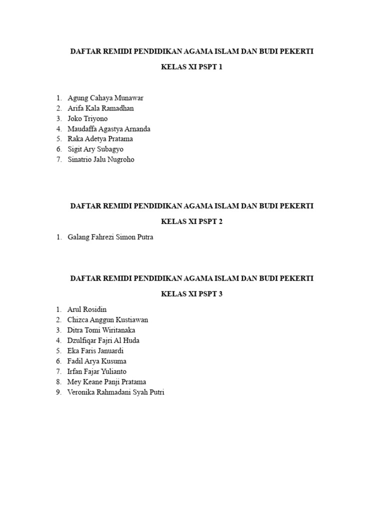 Daftar Remidi PAI Kelas XI PSPT | PDF