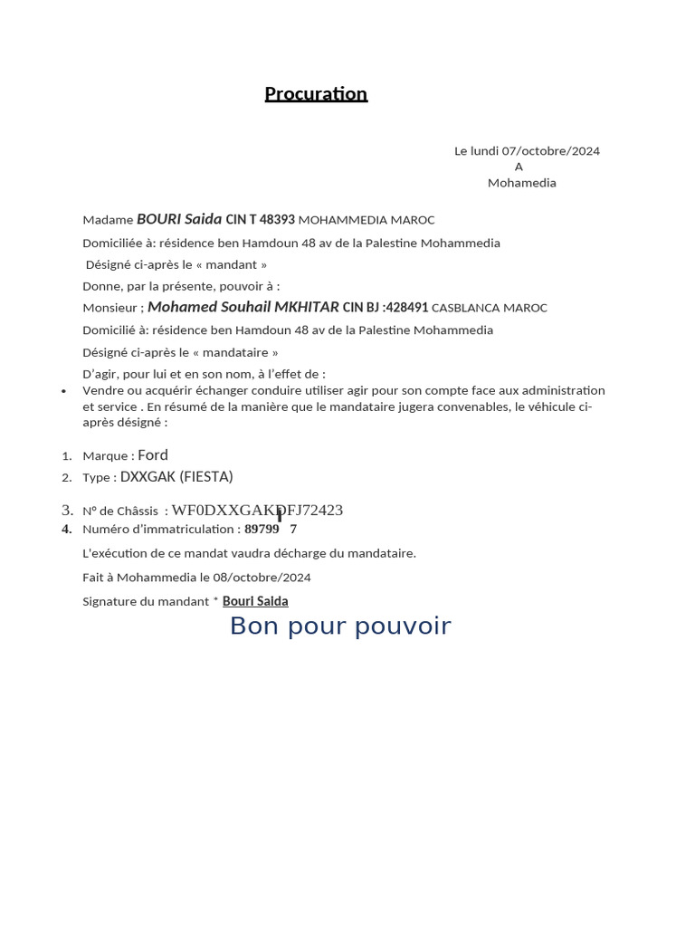 Modèle Procuration Pour Vente de Voiture | PDF