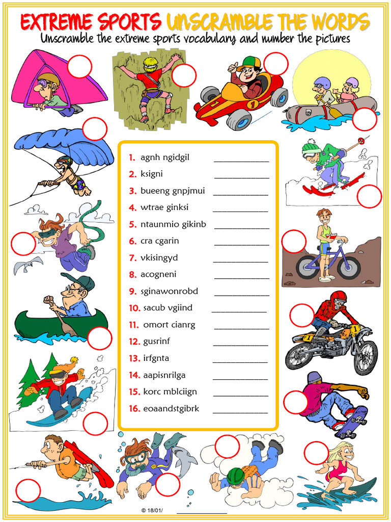 Extreme Sports Vocabulary Esl Unscramble The Words Worksheet For Kids 1 ...
