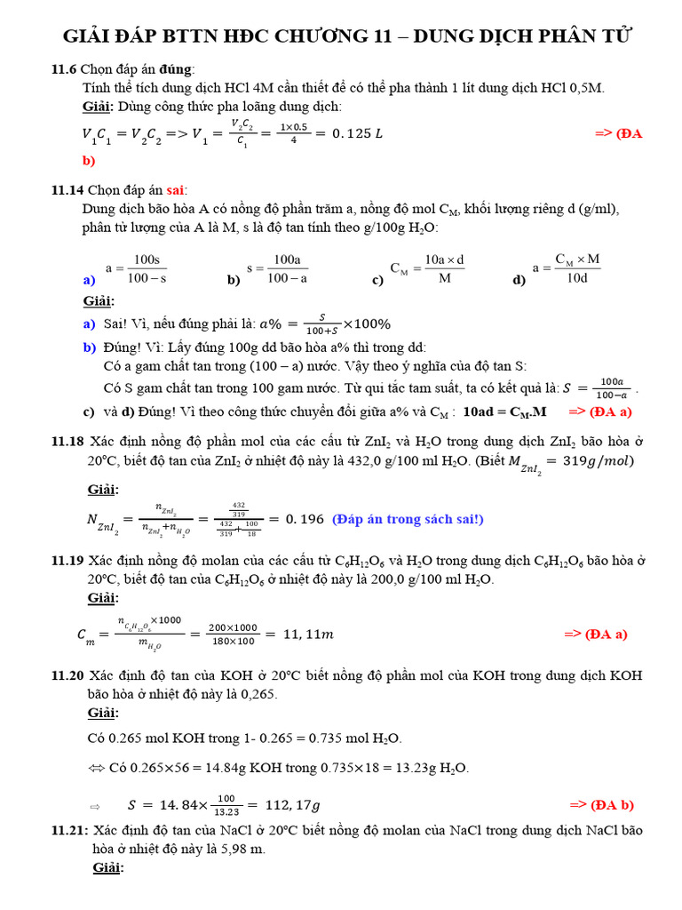 GIẢI ĐÁP BTTN HĐC CHƯƠNG 11 DUNG DỊCH PHÂN TỬ | PDF