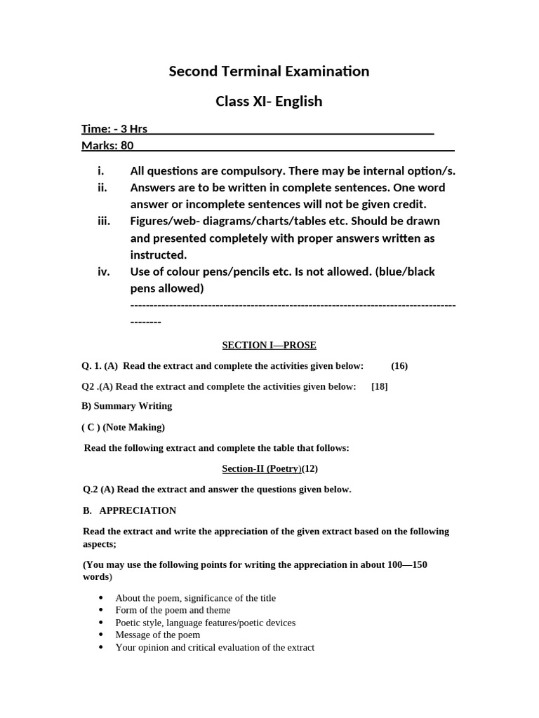 Class XI English Exam Pattern Overview | PDF