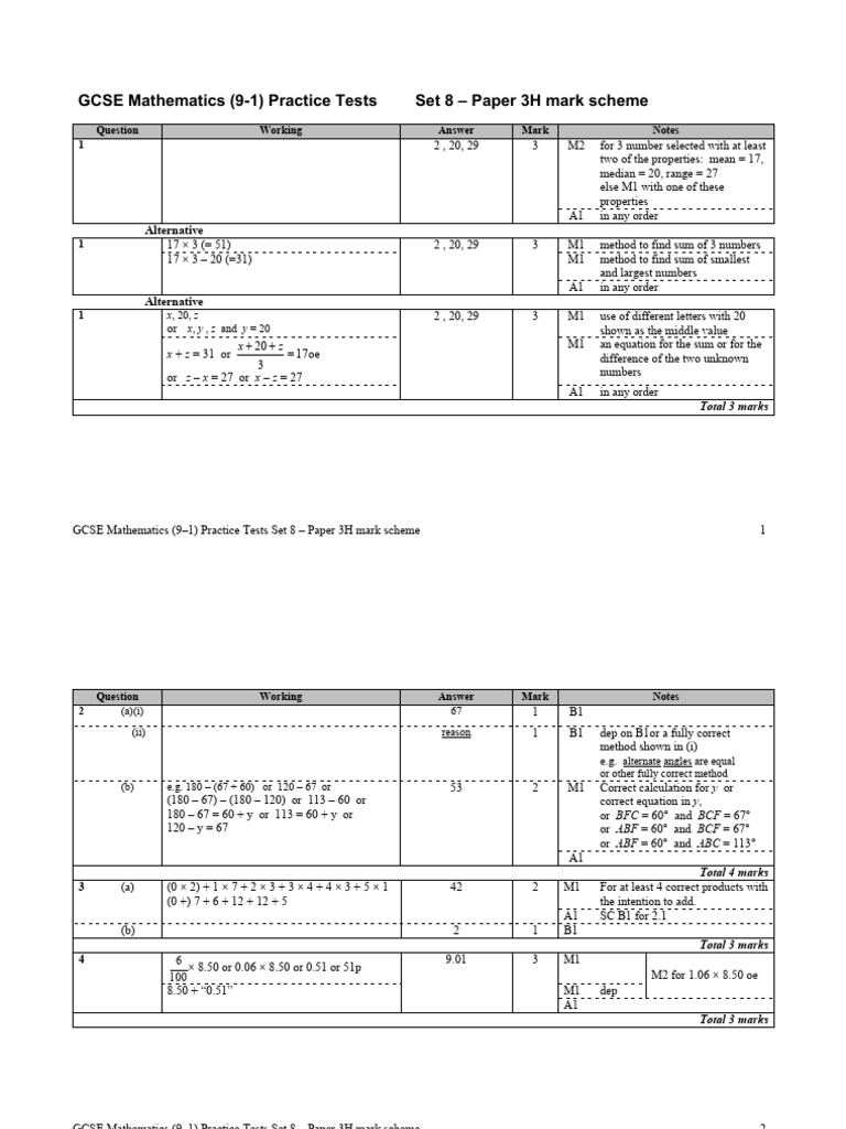 Practice 8 Practice Tests Set 8 - Paper 3H Mark Scheme | PDF | Mathematics