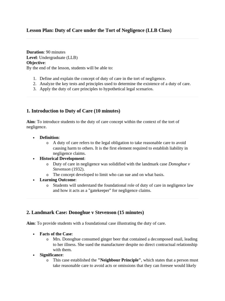 Lesson Plan - Duty of Care Under The Tort of Negligence (LLB Class ...