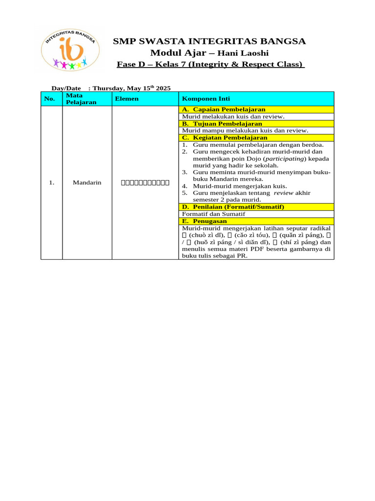 May 15th 2025 - Hani Laoshi - Grade 7 Modul Ajar Mandarin | PDF