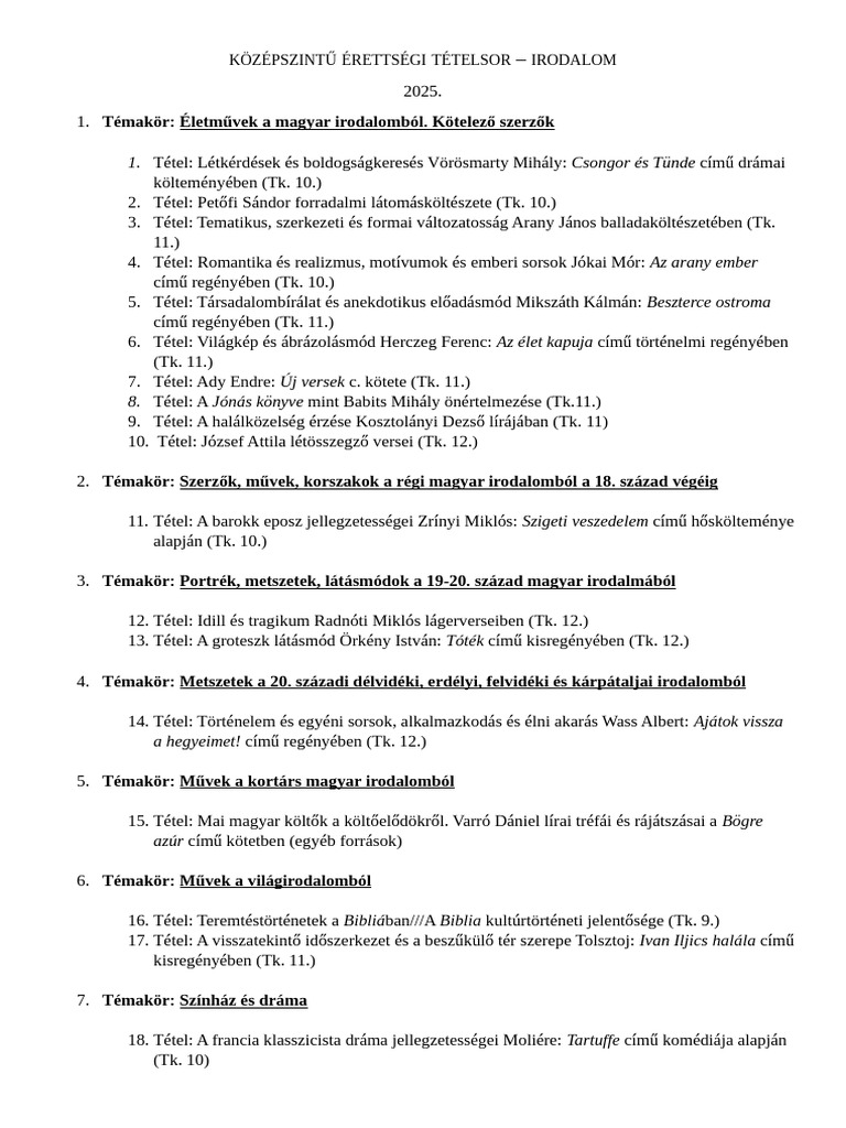Érettségi Tételsor Irodalom 2025 | PDF