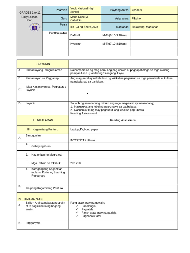 LESSON PLAN SA FILIPINO | PDF