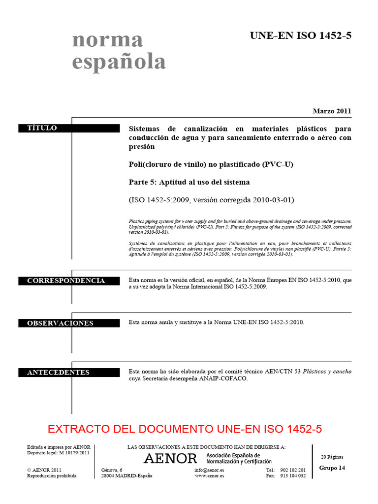 Norma UNE-EN ISO 1452-5:2010 PVC-U | PDF | Agua | Ingeniero civil