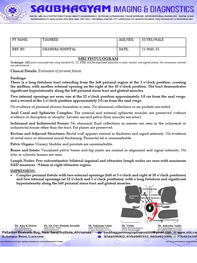 Report of Tauheed Mri Fistulogram 21 May 25 | PDF | Pelvis | Radiology