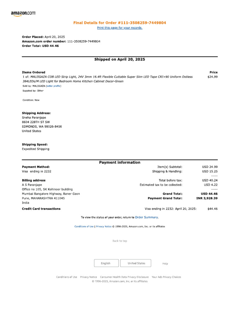 Green LED Amazon Purchase Invoice | PDF