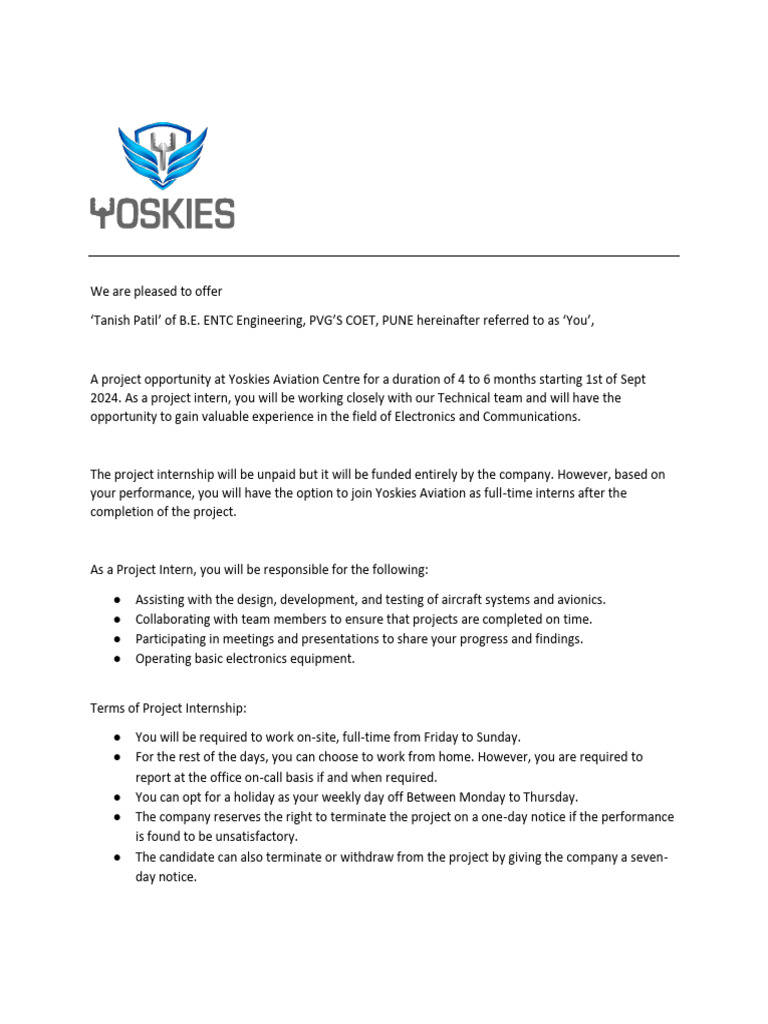 Yoskies Interneship To PVG - Tanish | PDF