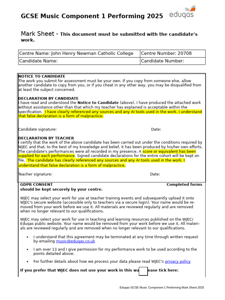 Eduqas Gcse Music Component 1 Performing Mark | PDF