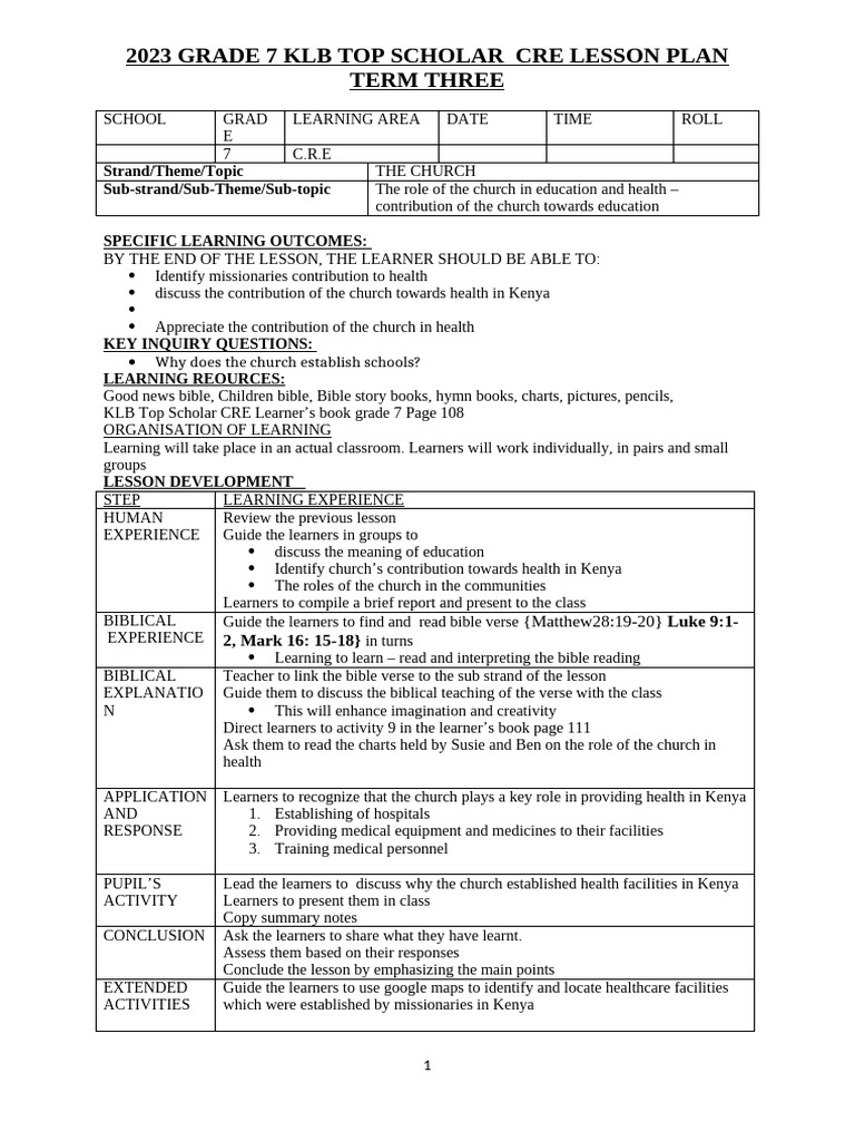 Grade 7 CRE Term 3 Lesson Plans | PDF | Bible | Learning