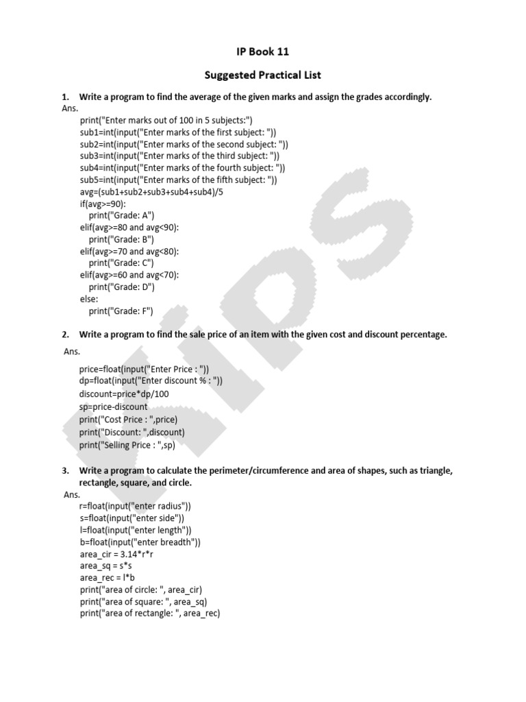 IP-GRADE-11 - Suggested Practical List Questions With Solutions | PDF | Integer (Computer ...