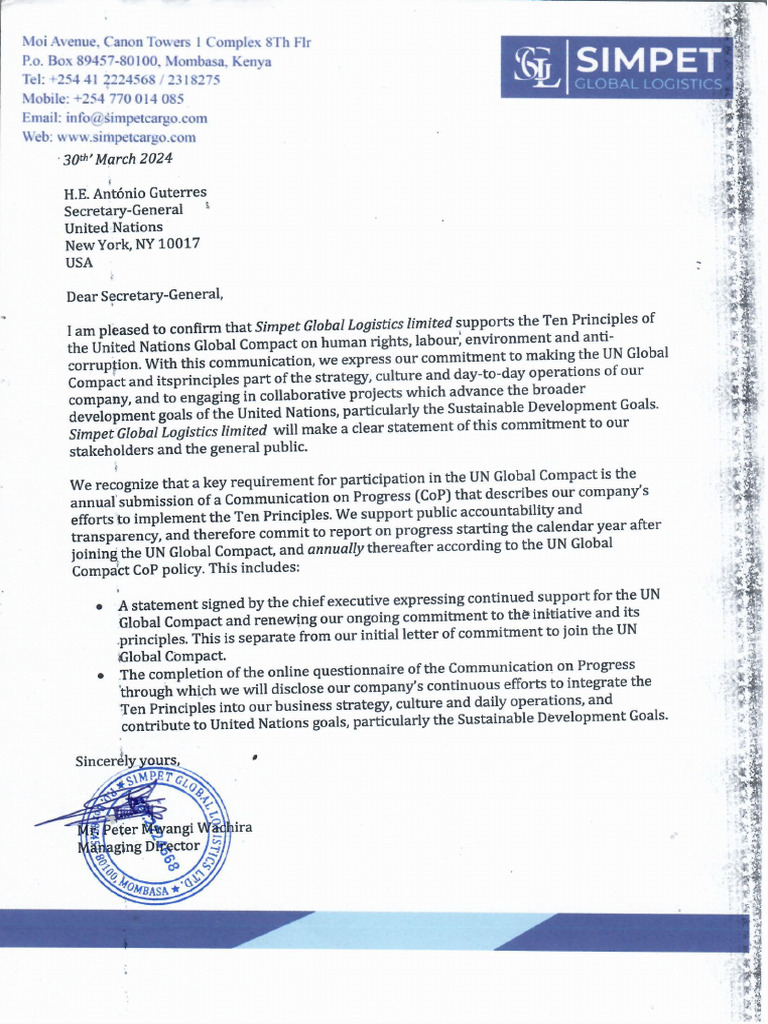 Un Global Compact Commitment Letter | PDF