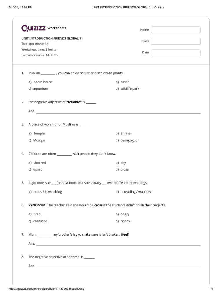 Unit Introduction Friends Global 11 - Quizizz | PDF