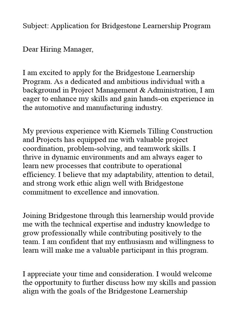 Bridgestone Learnership Application Letter | PDF
