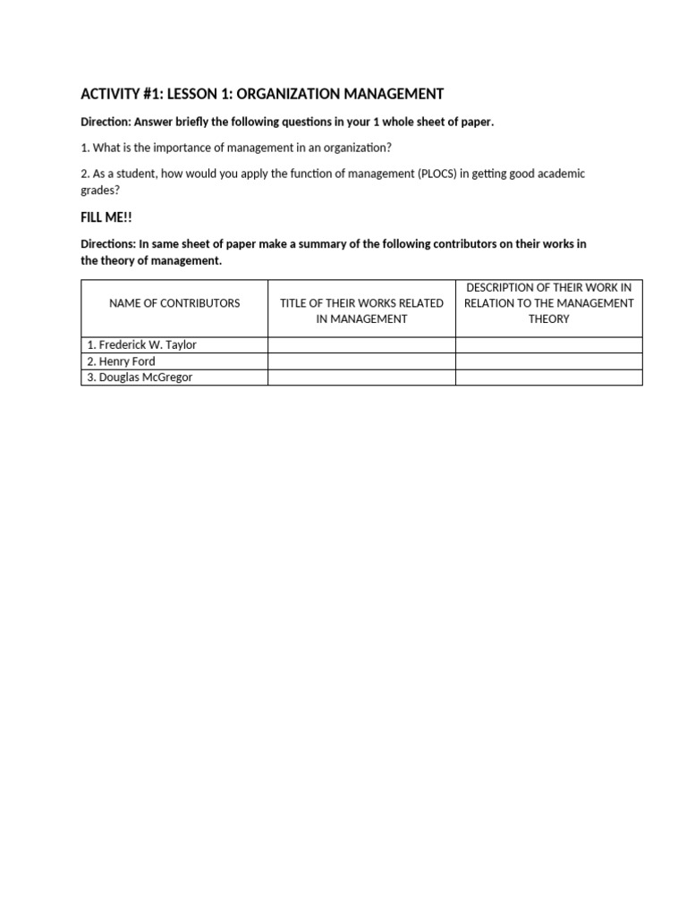 Lesson 1 Activity Organization Management | PDF