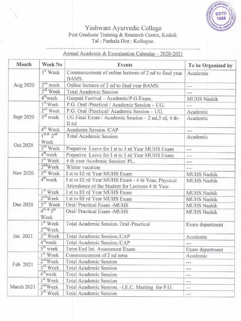 Academic Calendar 2020 2105020 | PDF