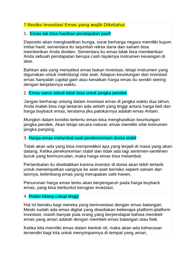 7 Risiko Investasi Emas yang Perlu Diketahui | PDF