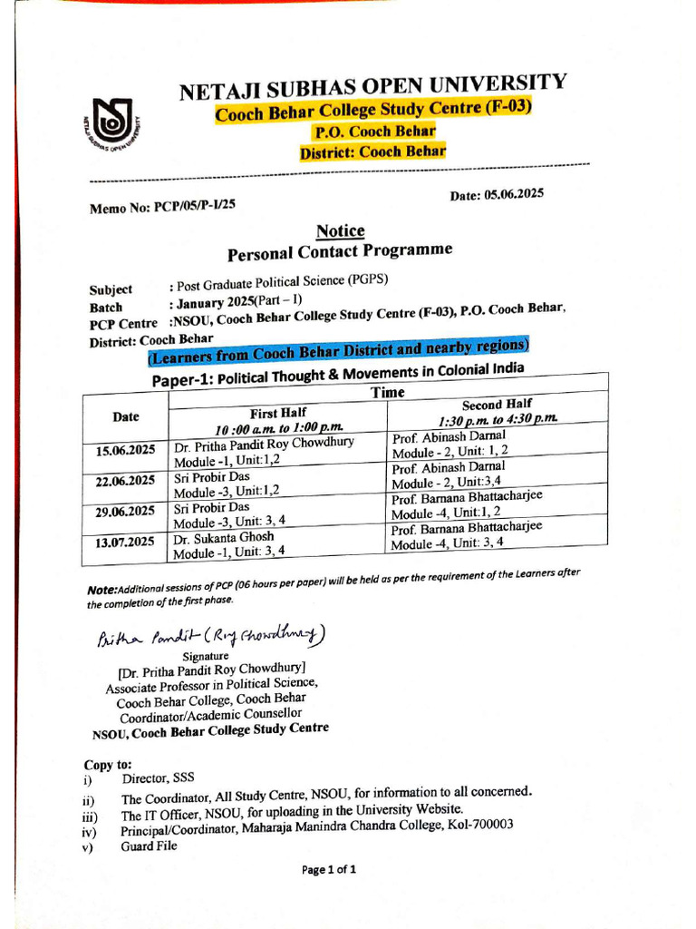 PGPS PCP Schedule Paper I JAN 2025 CoochBeharCollege | PDF