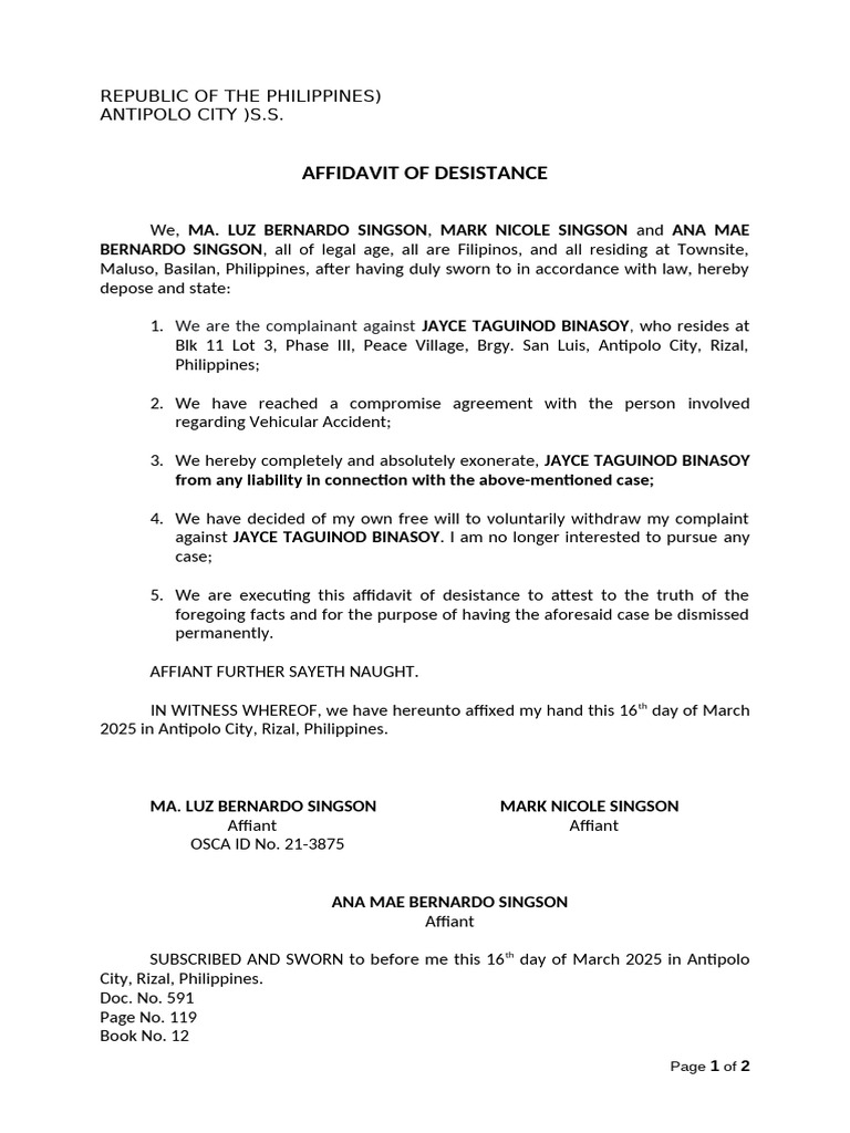 Affidavit of Desistance - Ma. Luz Bernardo Singson | PDF