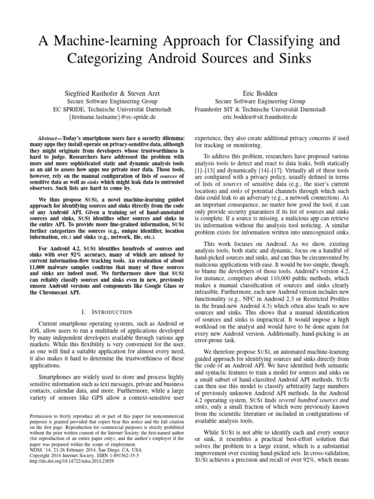 2014ndss - A Machine-Learning Approach For Classifying and Categorizing Android Sources and ...