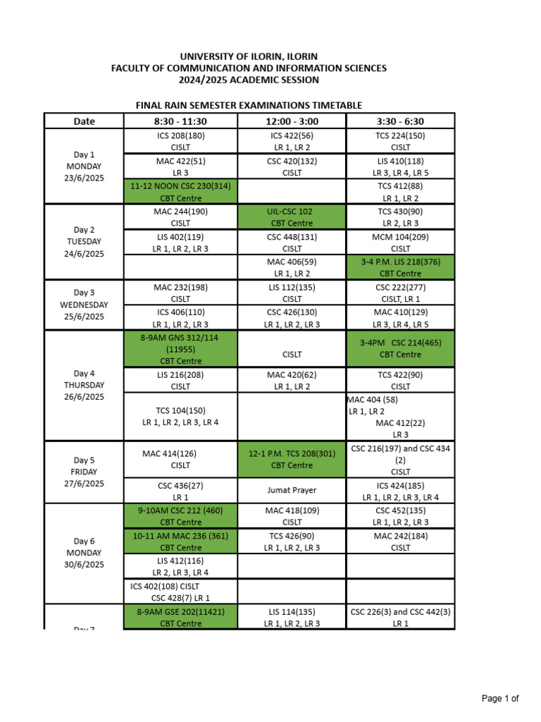 FCIS Final Exam Timetable 2024 - 2025 Rain Semester - Exam TimeTable-2 | PDF