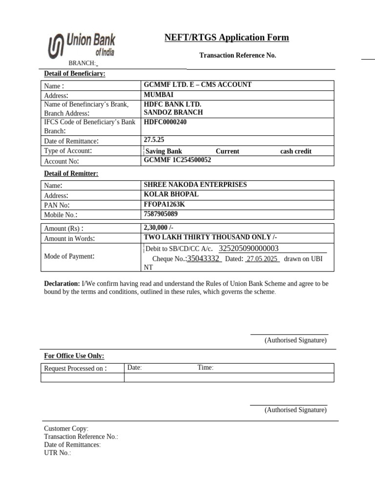 Union Bank of India Rtgs Neft Form Format | PDF